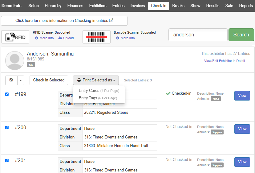 Printing Entry Cards for One Exhibitor – FairEntry Help Center